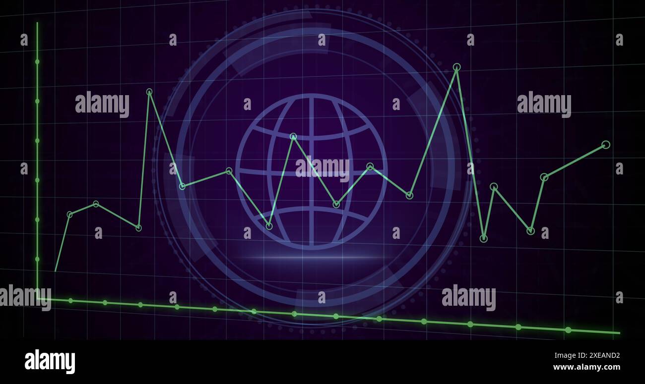 Image of graphs, globe, cyber security text and shield in loading circles over black background ...