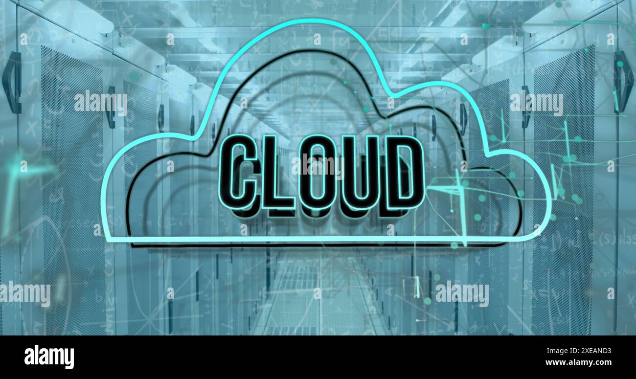 Image of cloud text in cloud, mathematical equation and diagrams over ...