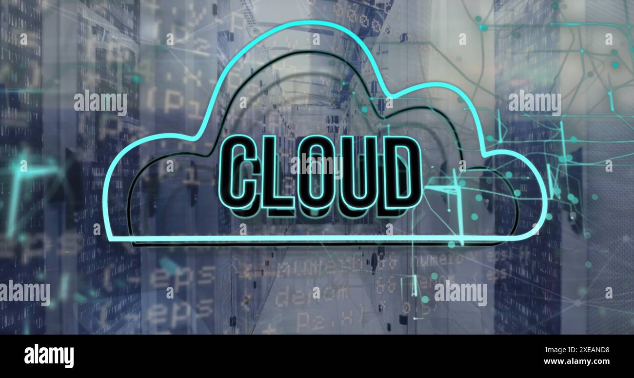 Image of cloud text in cloud and computer language over data server ...