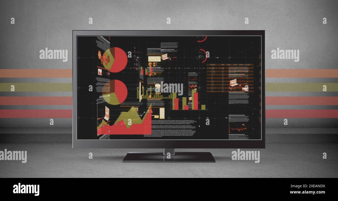Image of graphs and data on computer screen over grey background with ...