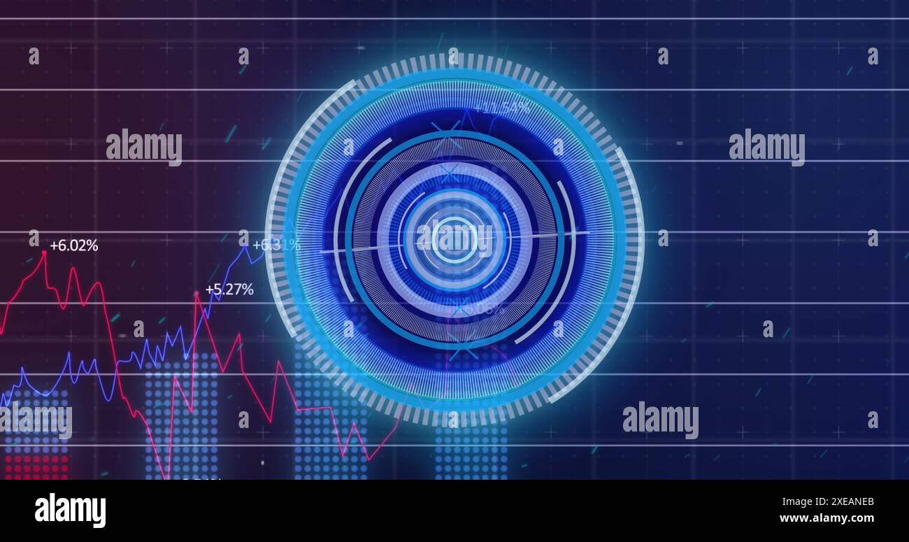 Image of neon round scanner spinning over statistical data processing on purple background Stock ...