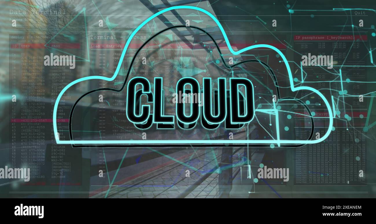 Image of cloud text in cloud and connected dots over modern buildings ...