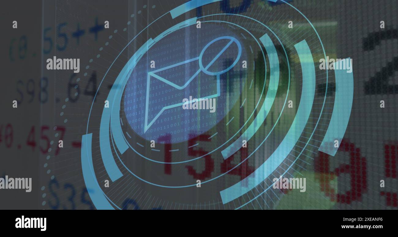 Image of message block icon on round scanner, stock market data processing against server room ...