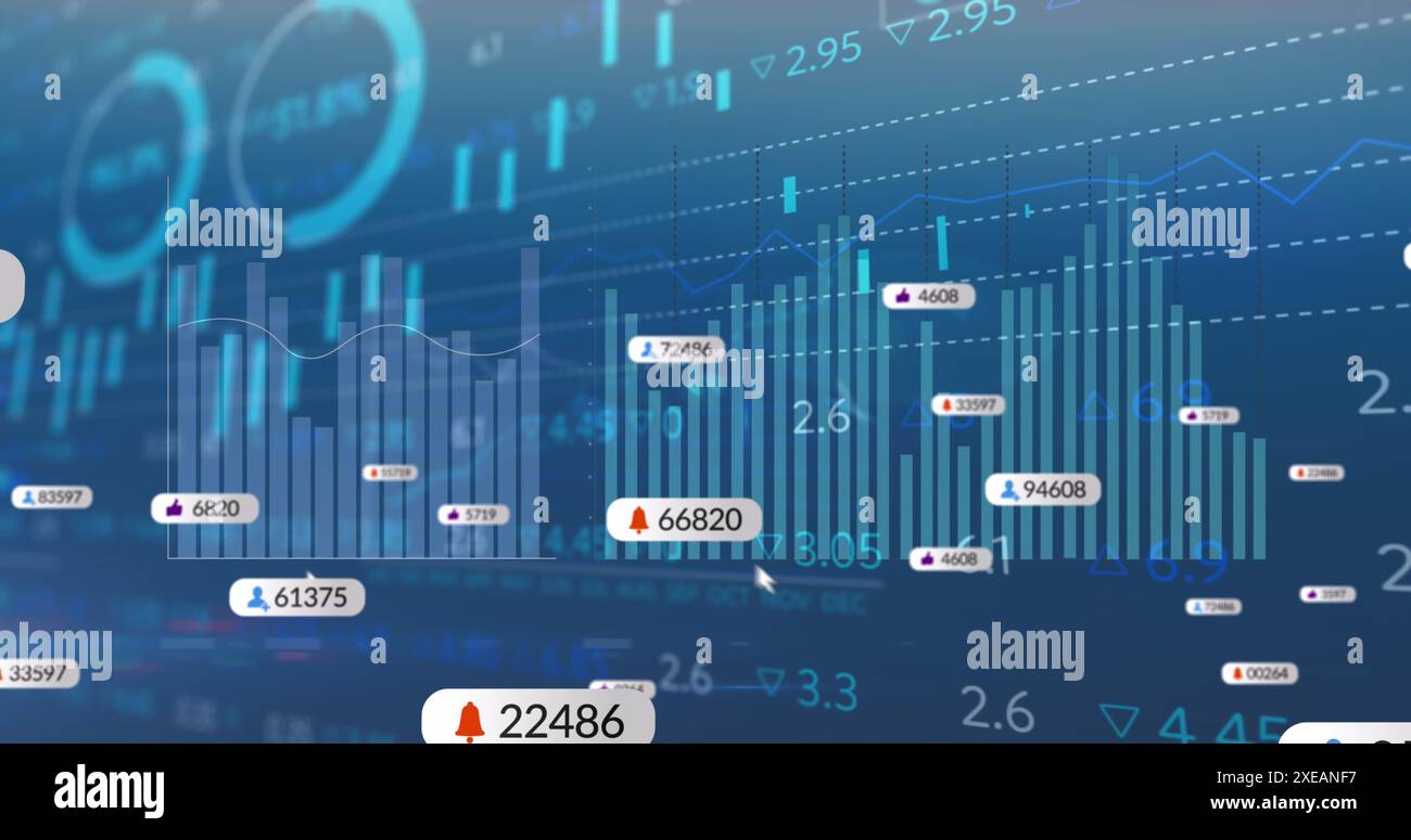 Image of social media icons, statistical, stock market data processing ...