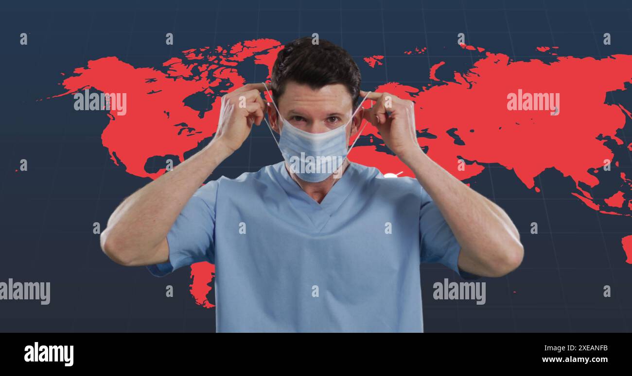 Image of caucasian male health worker wearing a face mask against world ...