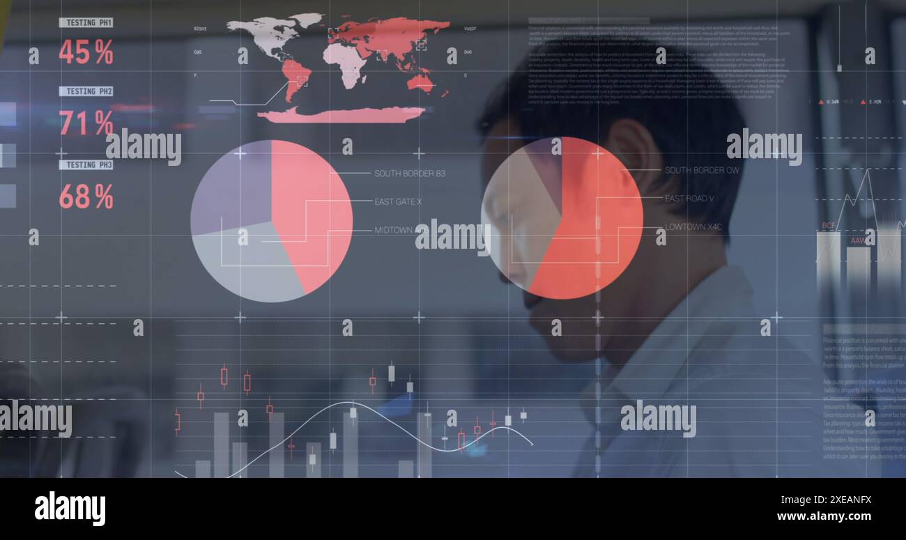 Image of statistical data processing against asian man talking on ...