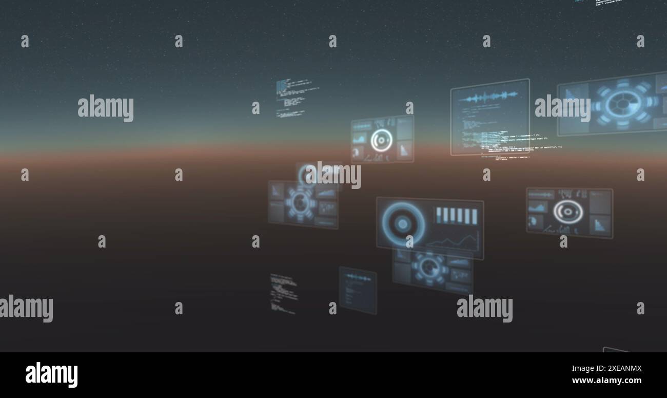 Multiple round scanners and screens with data processing against gradient background, digital ...