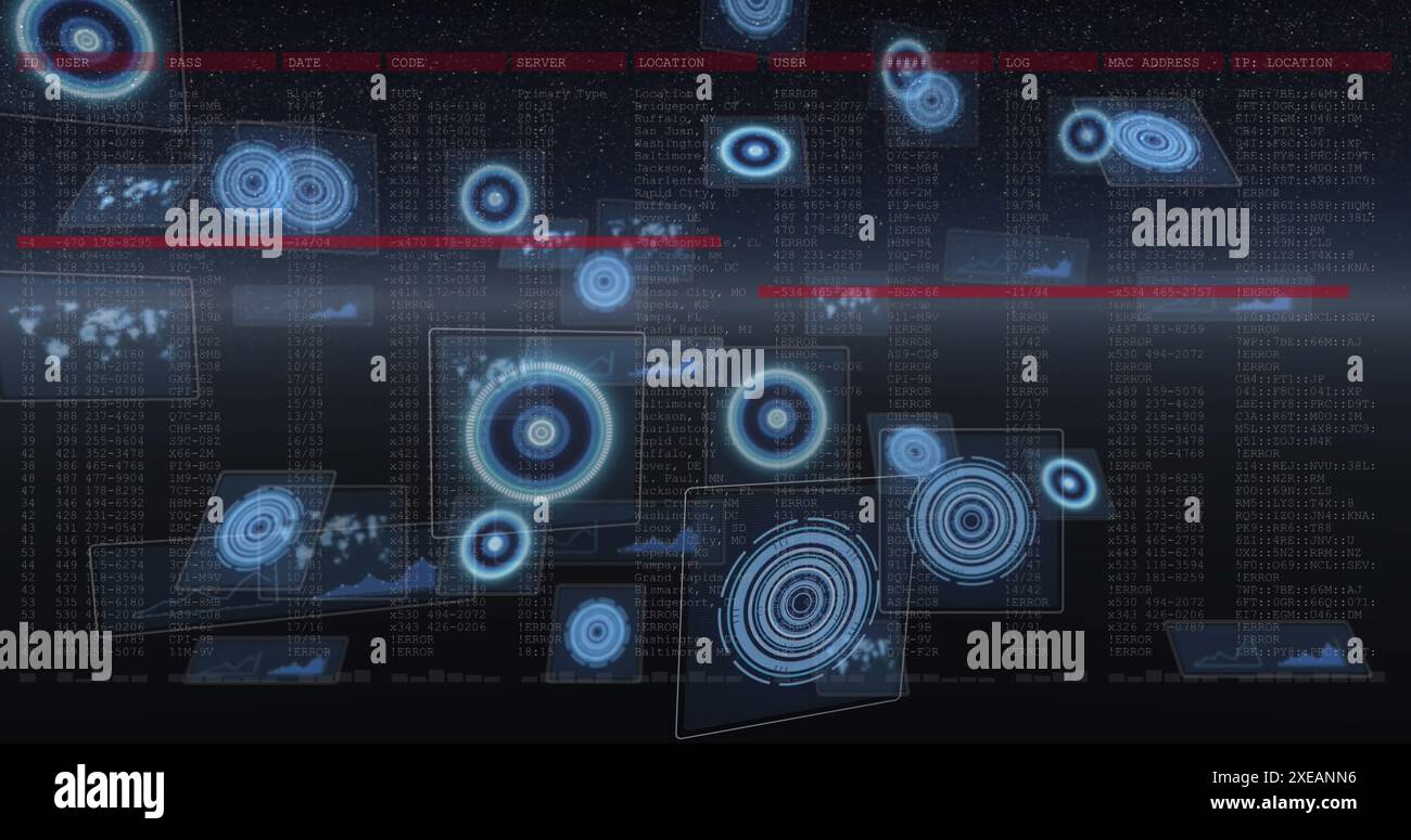 Multiple round scanners and screens with data processing against black background, digital image ...