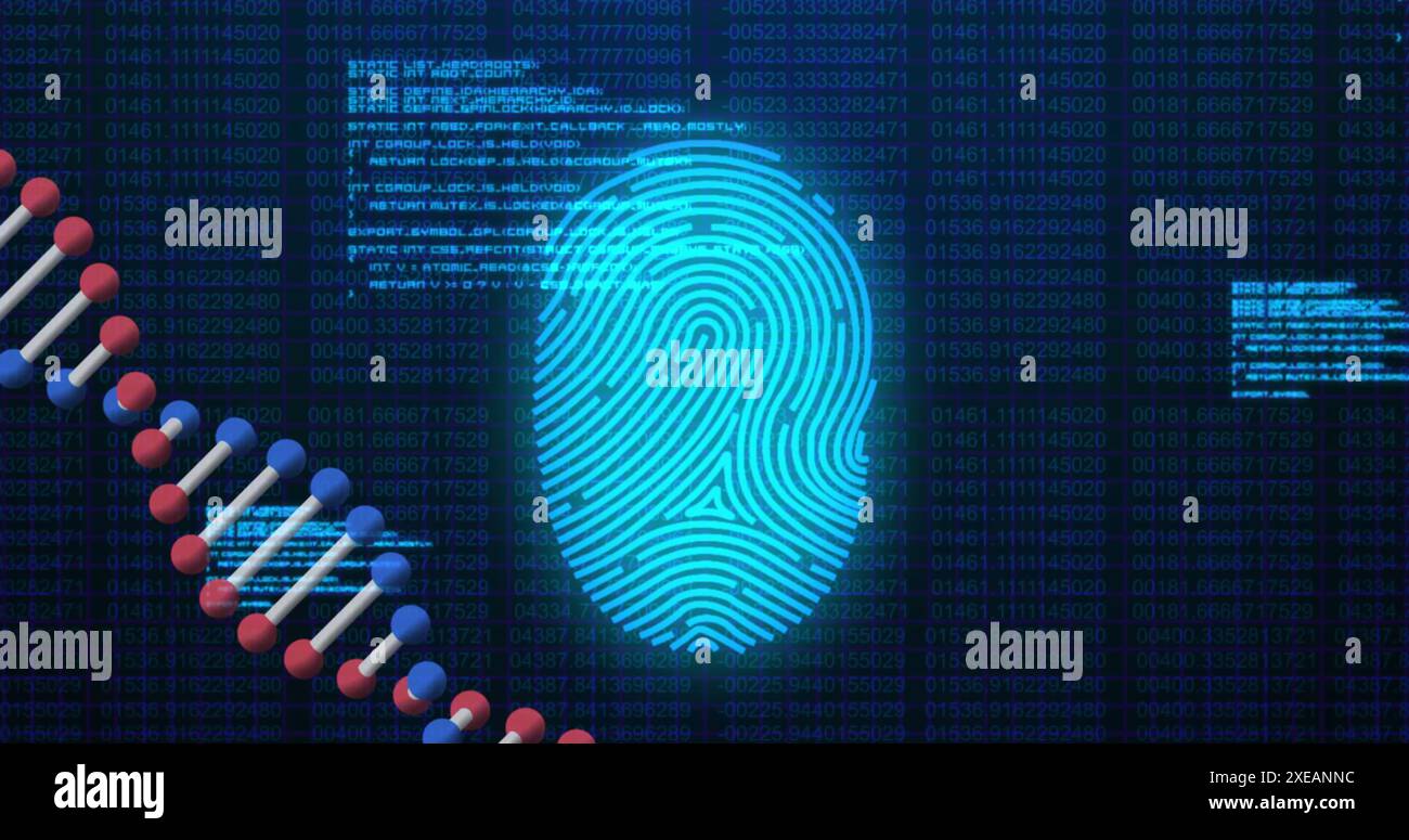 Image of dna, fingerprint scanning and data processing on navy ...