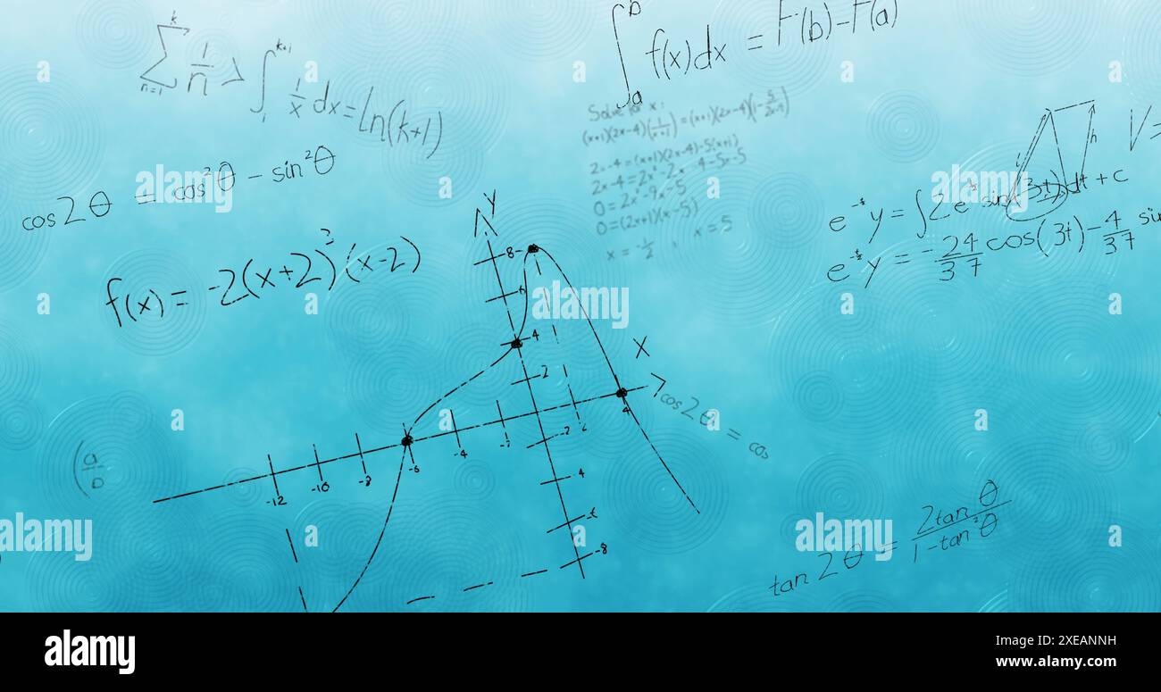 Digital image of mathematical equations and formulas floating against blue background Stock ...