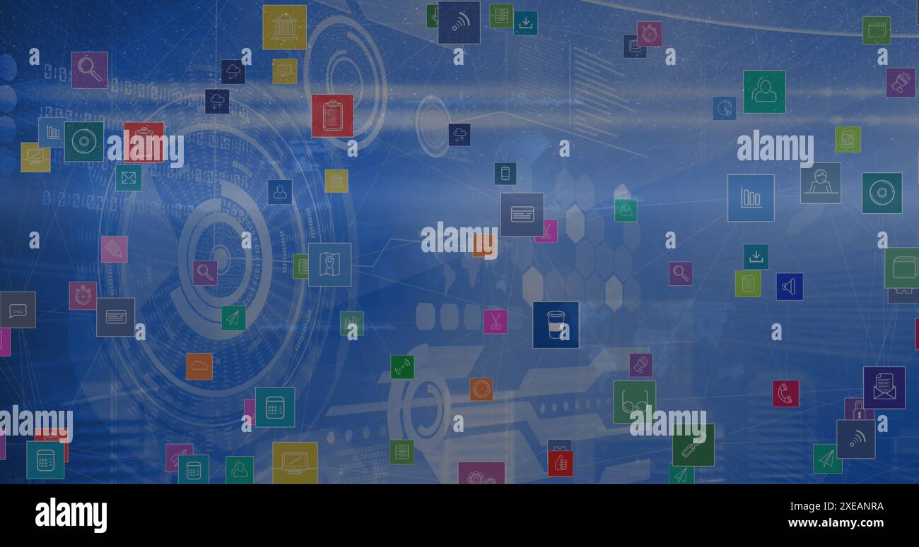 Image of icons and diverse data on blue digital screen Stock Photo - Alamy