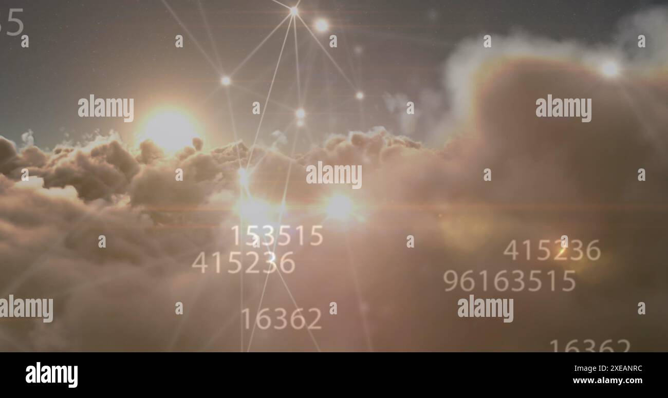 Image of network of connections and numbers processing over sky with ...