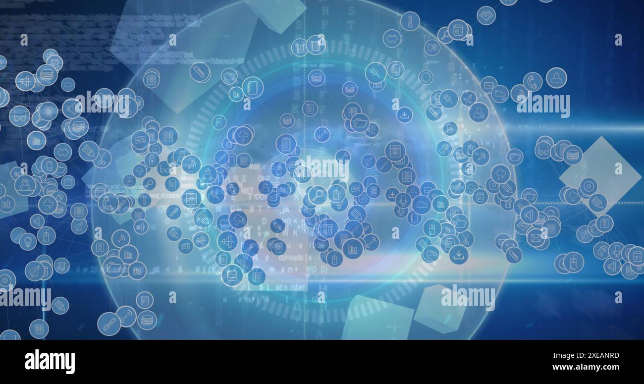 Image of financial data processing and falling icons over dark ...