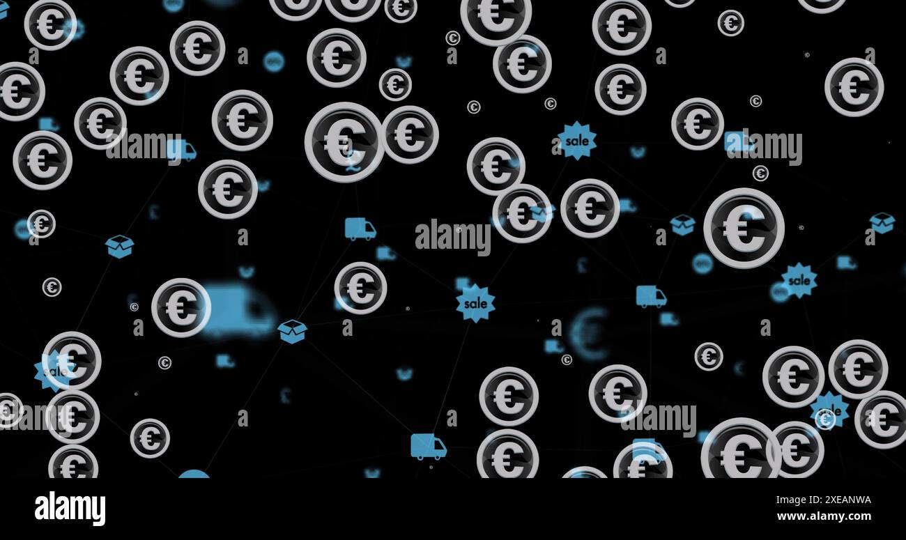 Image of euros blinking on black background with icons and connections ...