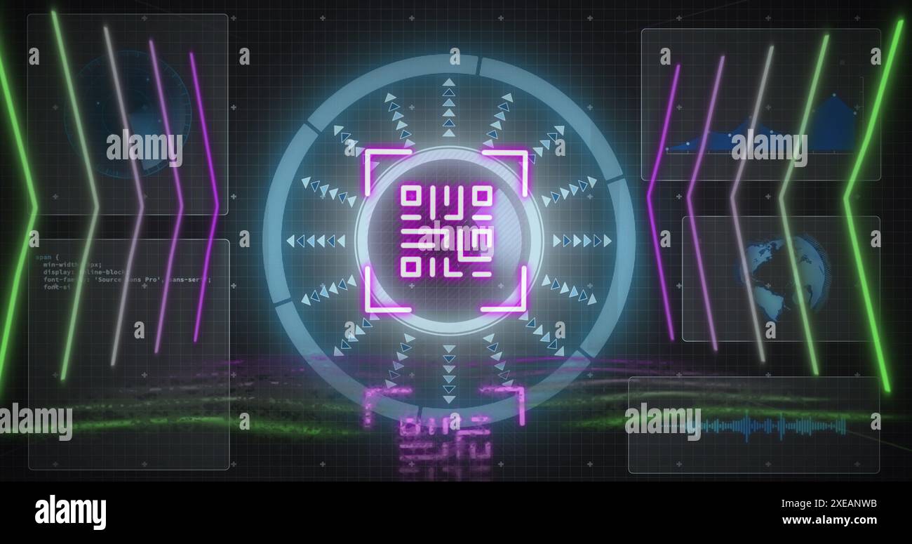 Image of qr code and scope scanning over neon lines on black background Stock Photo - Alamy