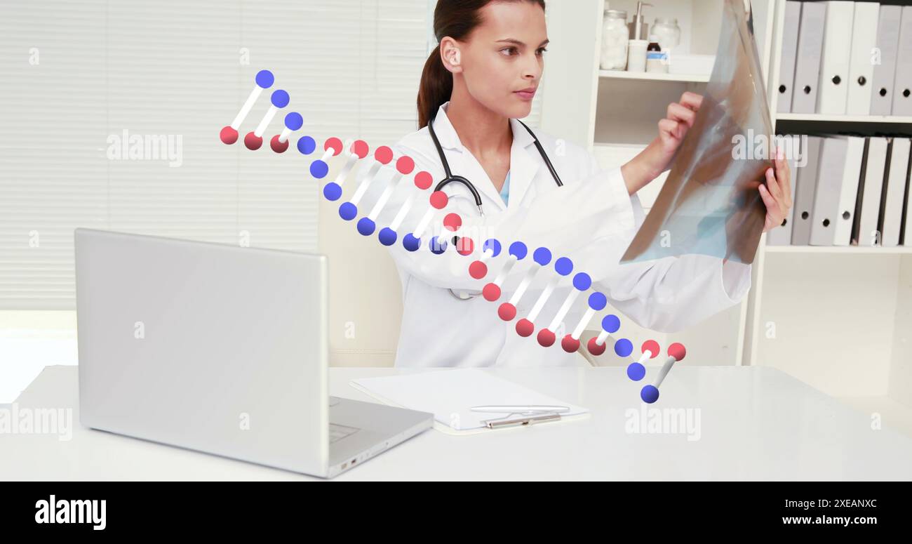 Image of dna structure against caucasian female doctor examining x-ray ...
