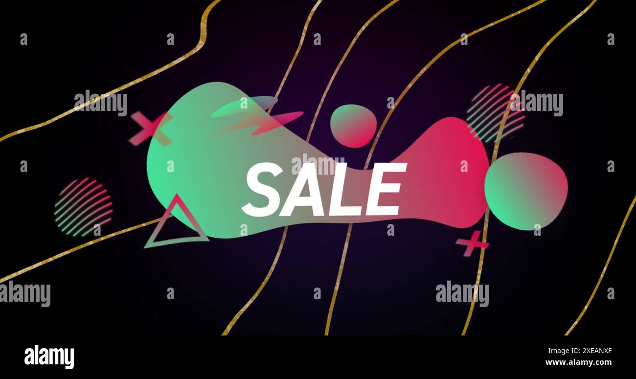 Image of sale over shapes and lines on black background Stock Photo - Alamy