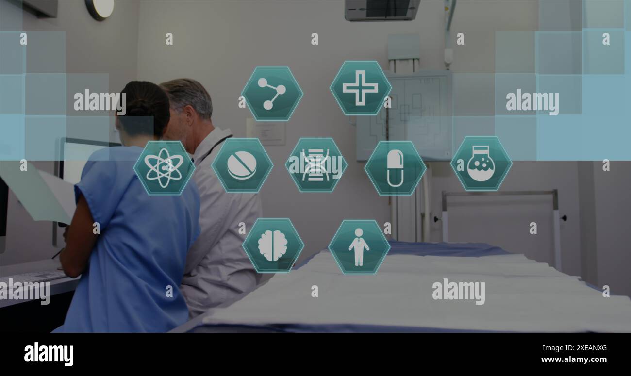 Image of scientific icons over diverse doctors using computer Stock ...