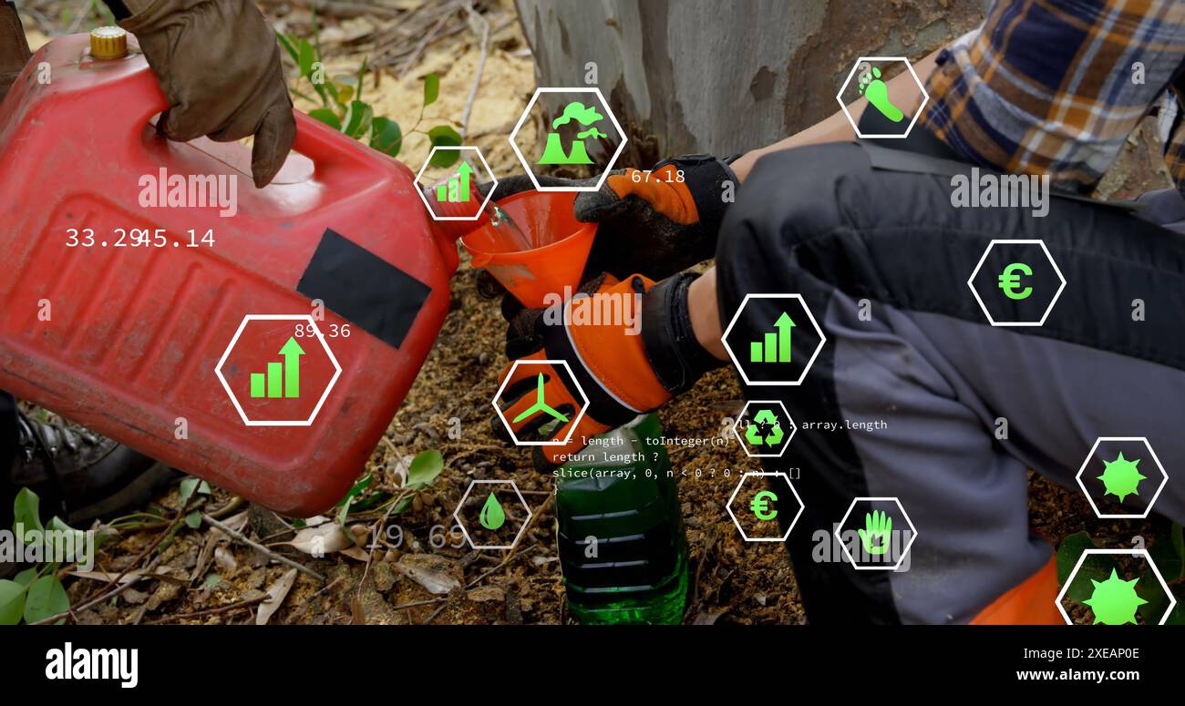 Image of data processing over caucasian worker with bottle of petrol ...