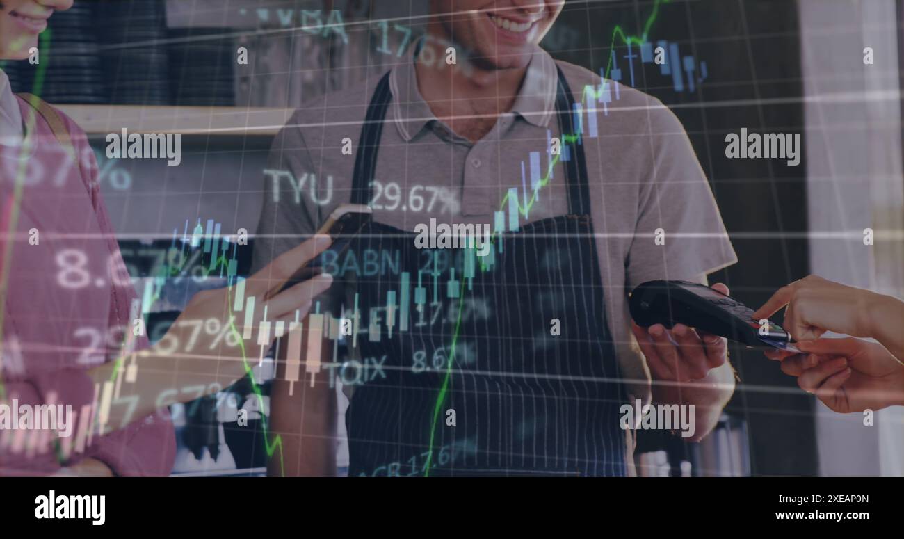 Image of stock market data processing over caucasian woman making a ...