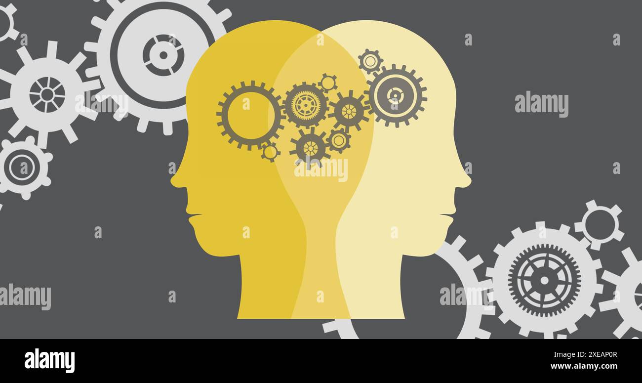 Image of cogs over yellow faces on grey background with cogs Stock ...