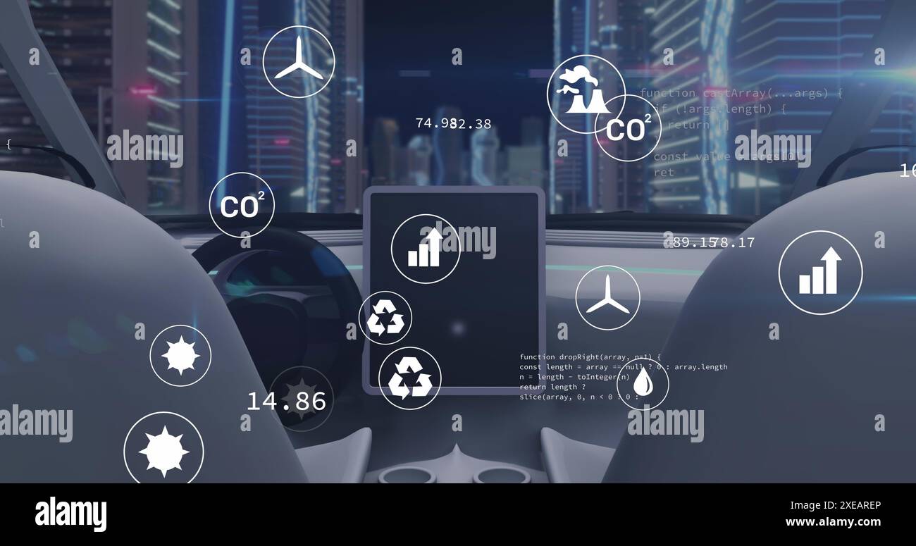 Image of icons and data processing over car interior Stock Photo - Alamy