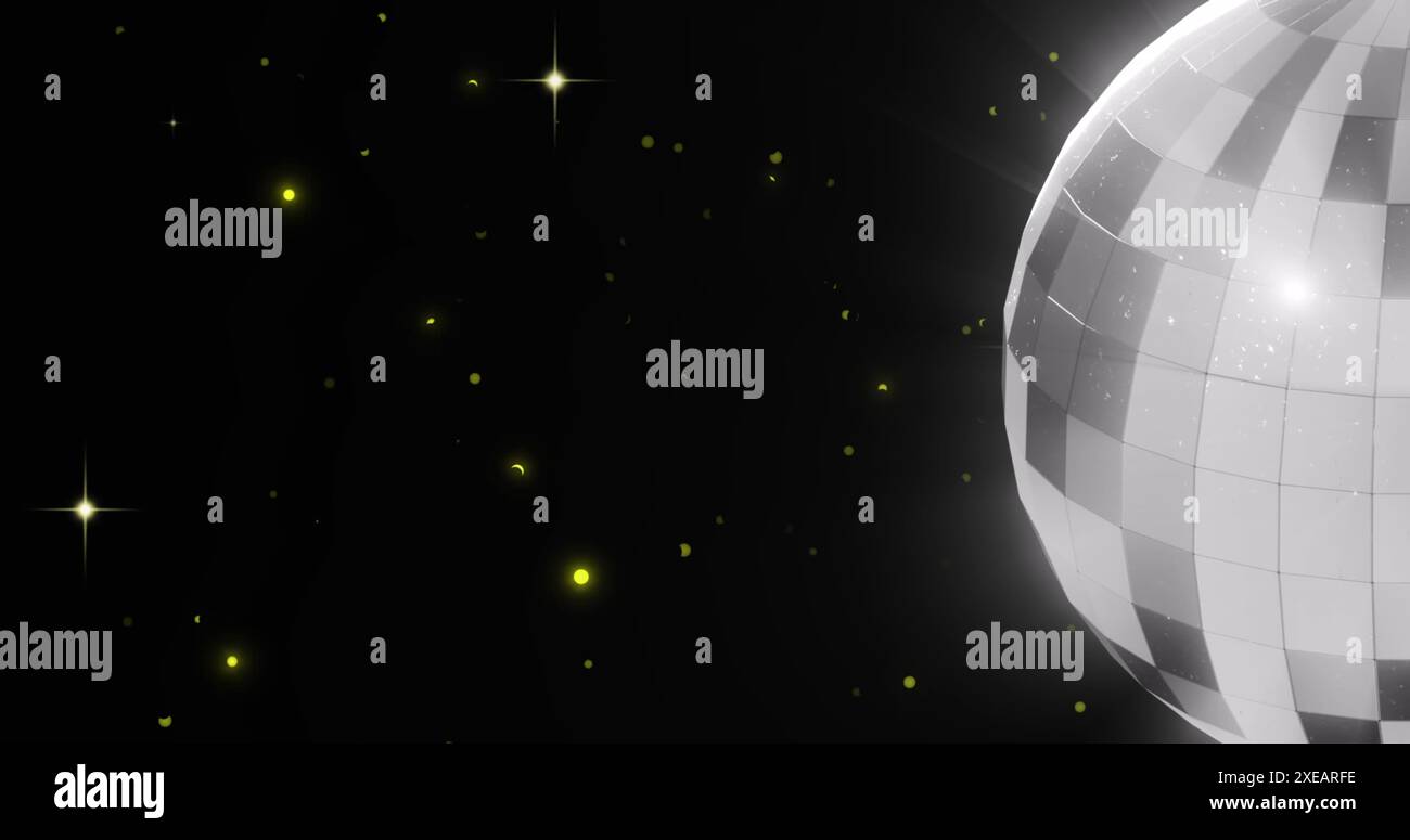 Image of retro disco mirror ball and glowing spots on black background ...