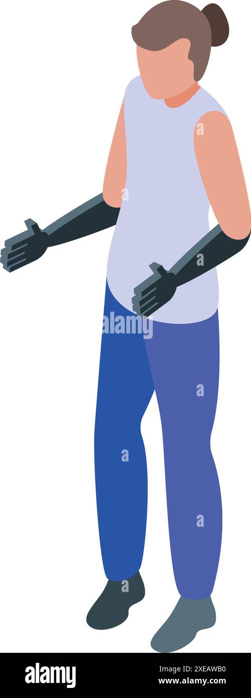 Young woman is standing and wearing prosthetic arms in this isometric ...