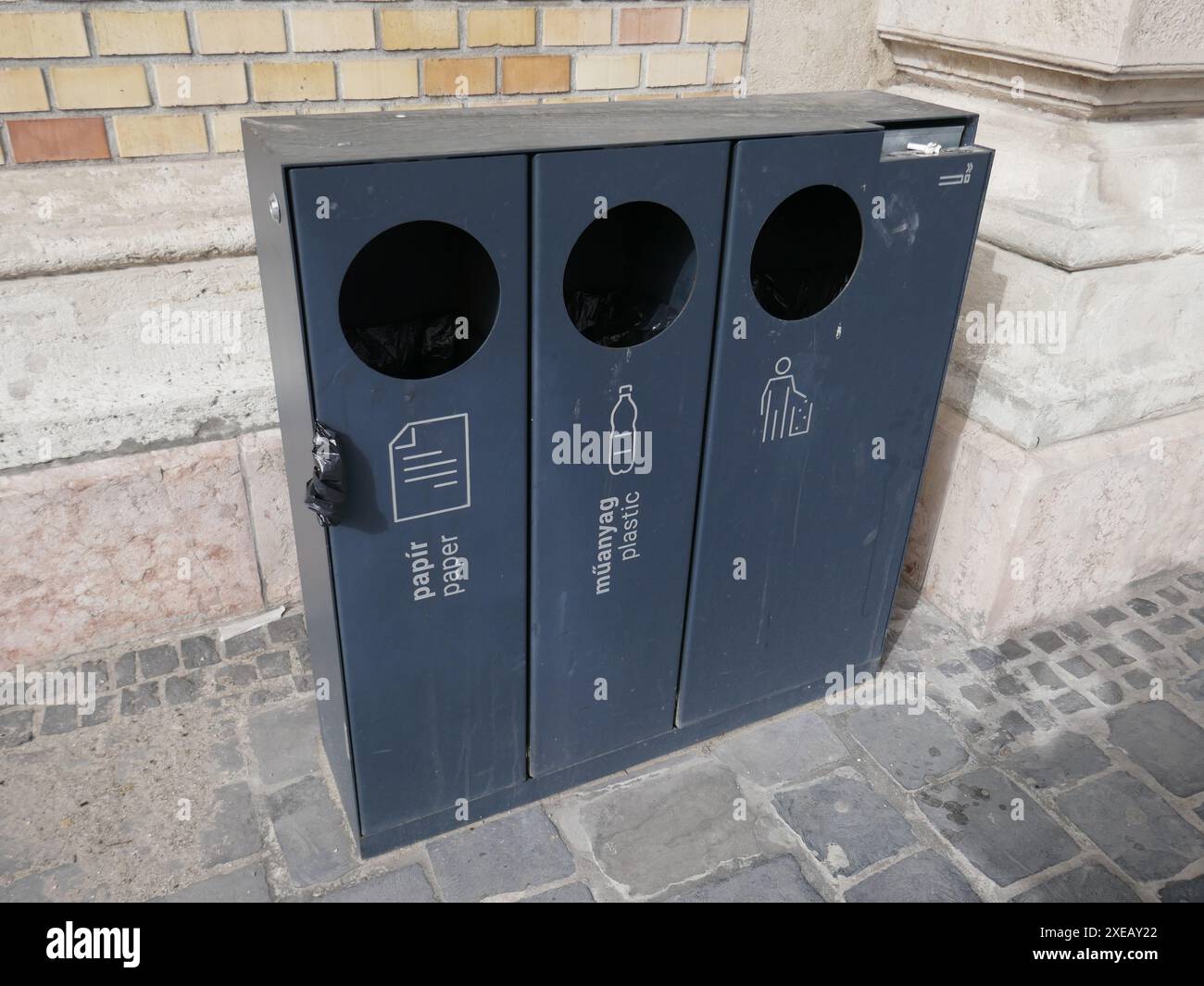 Trash and recycle disposal bins outside in Europe Stock Photo - Alamy