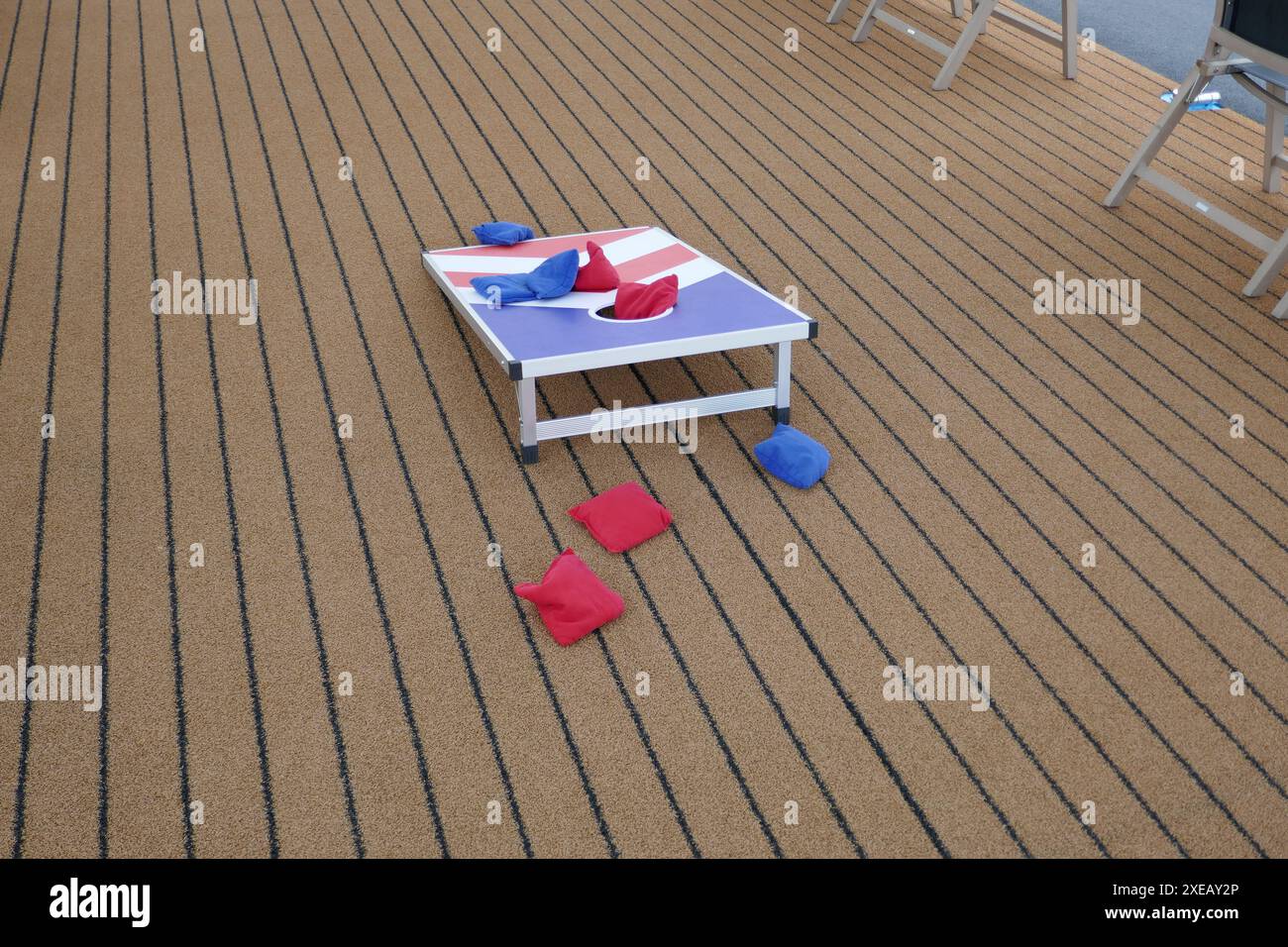 USA colors on cornhole game with red and blue beanbags on ship deck ...
