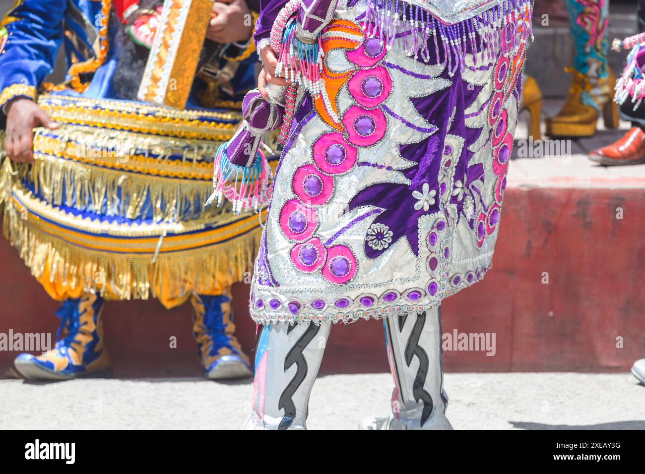 Dance group with traditional costumes and musical instruments in Peru ...