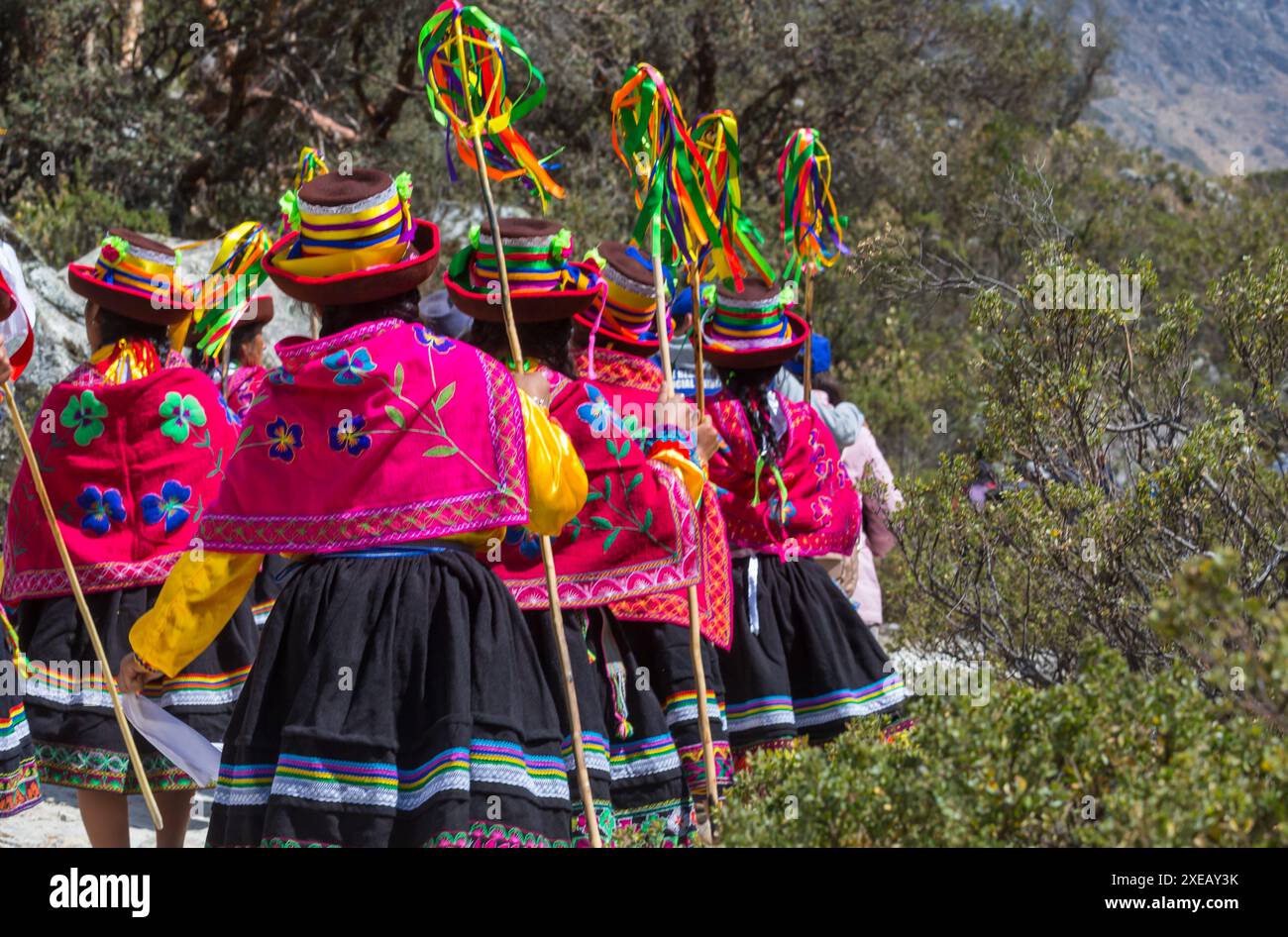 Dance group with traditional costumes and musical instruments in Peru ...