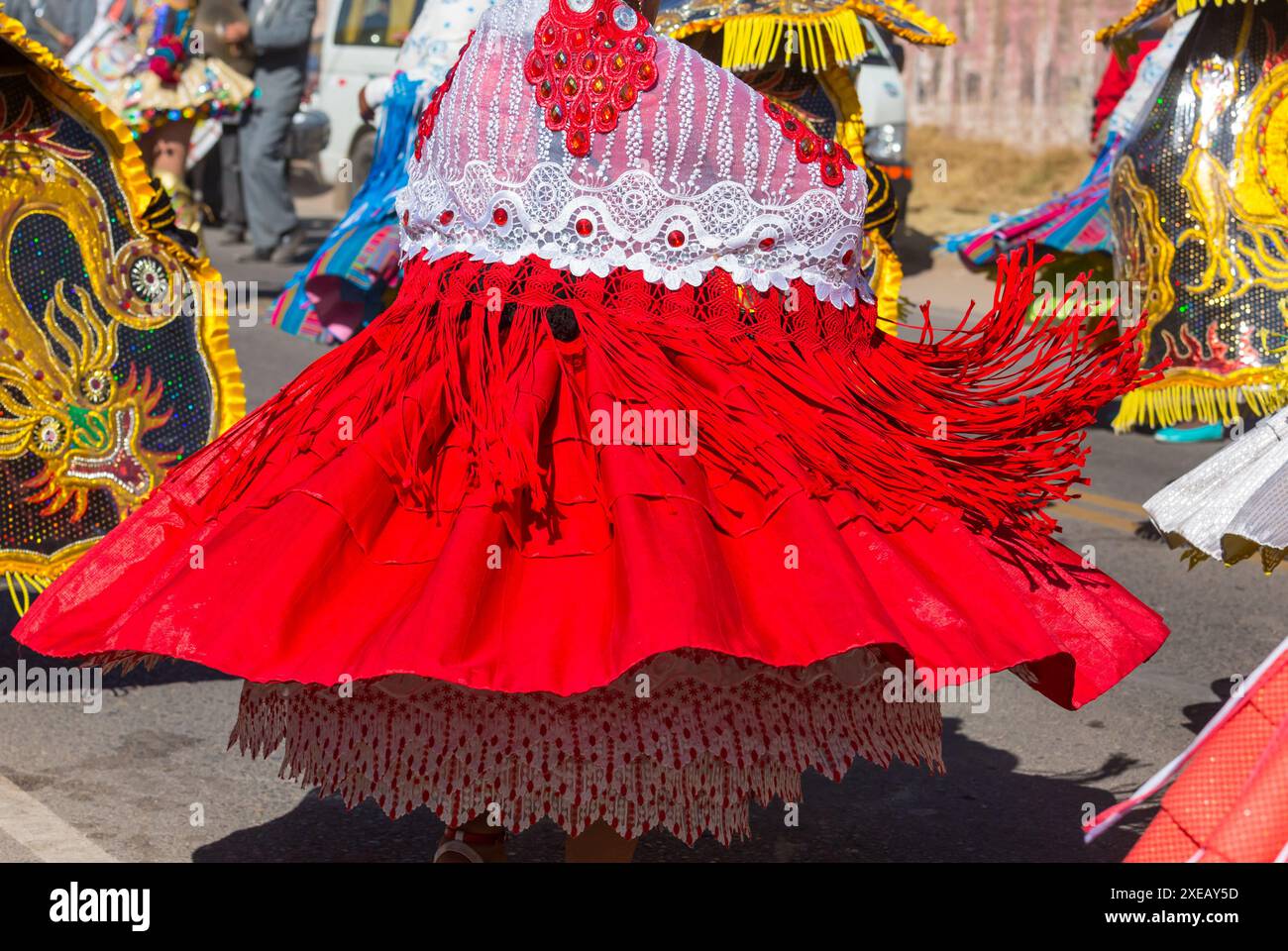 Dance group with traditional costumes and musical instruments in Peru ...