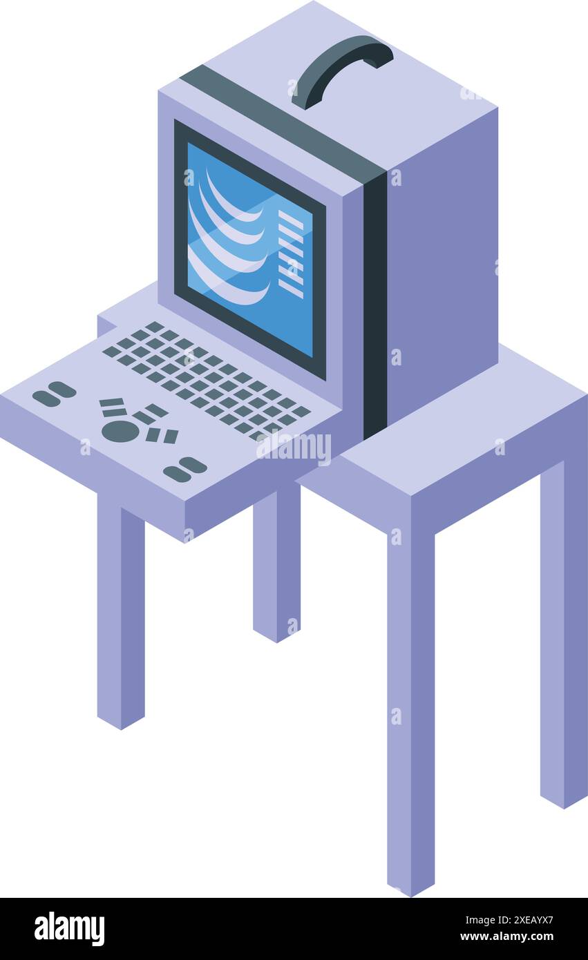 Isometric medical ultrasound machine with keyboard and screen showing ...