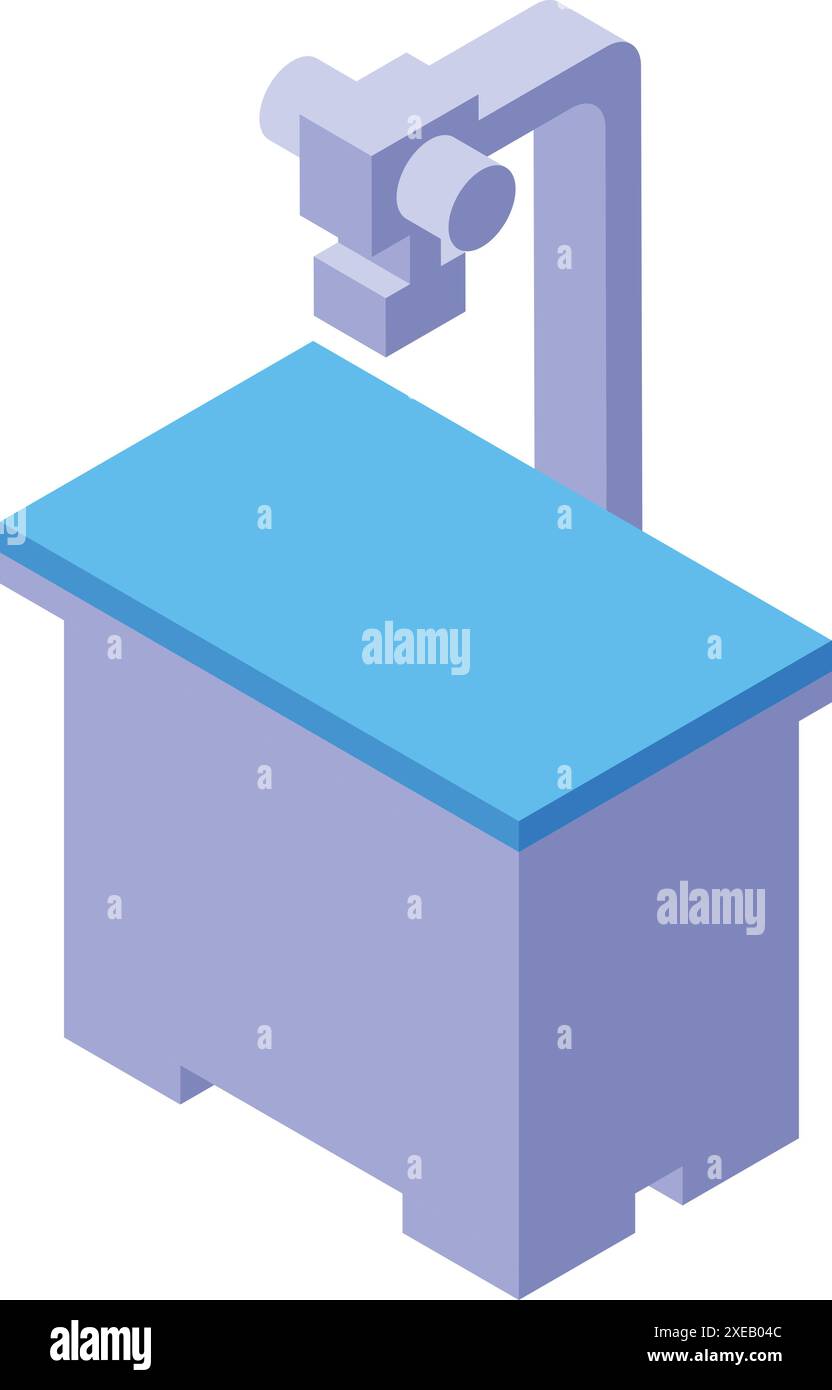 Robotic arm holding something above medical table on white background ...