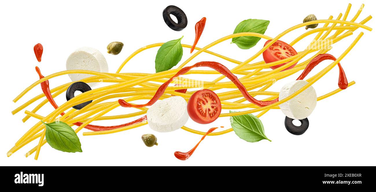 Falling spaghetti with tomato sauce, mozzarella and basil isolated on ...