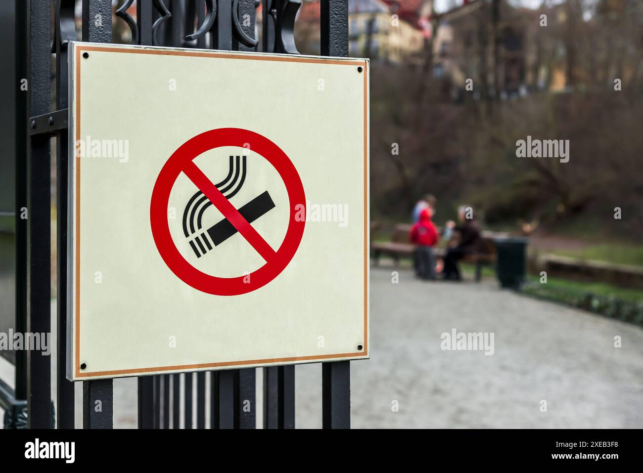 No Smoking Square Caution Sign On Metal Gates In City Park Closeup ...