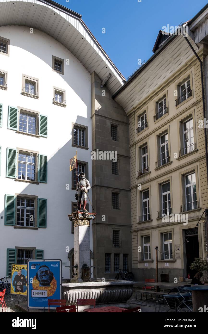 View of the Vennerbrunnen fountain located at the Bern Town Hall square ...