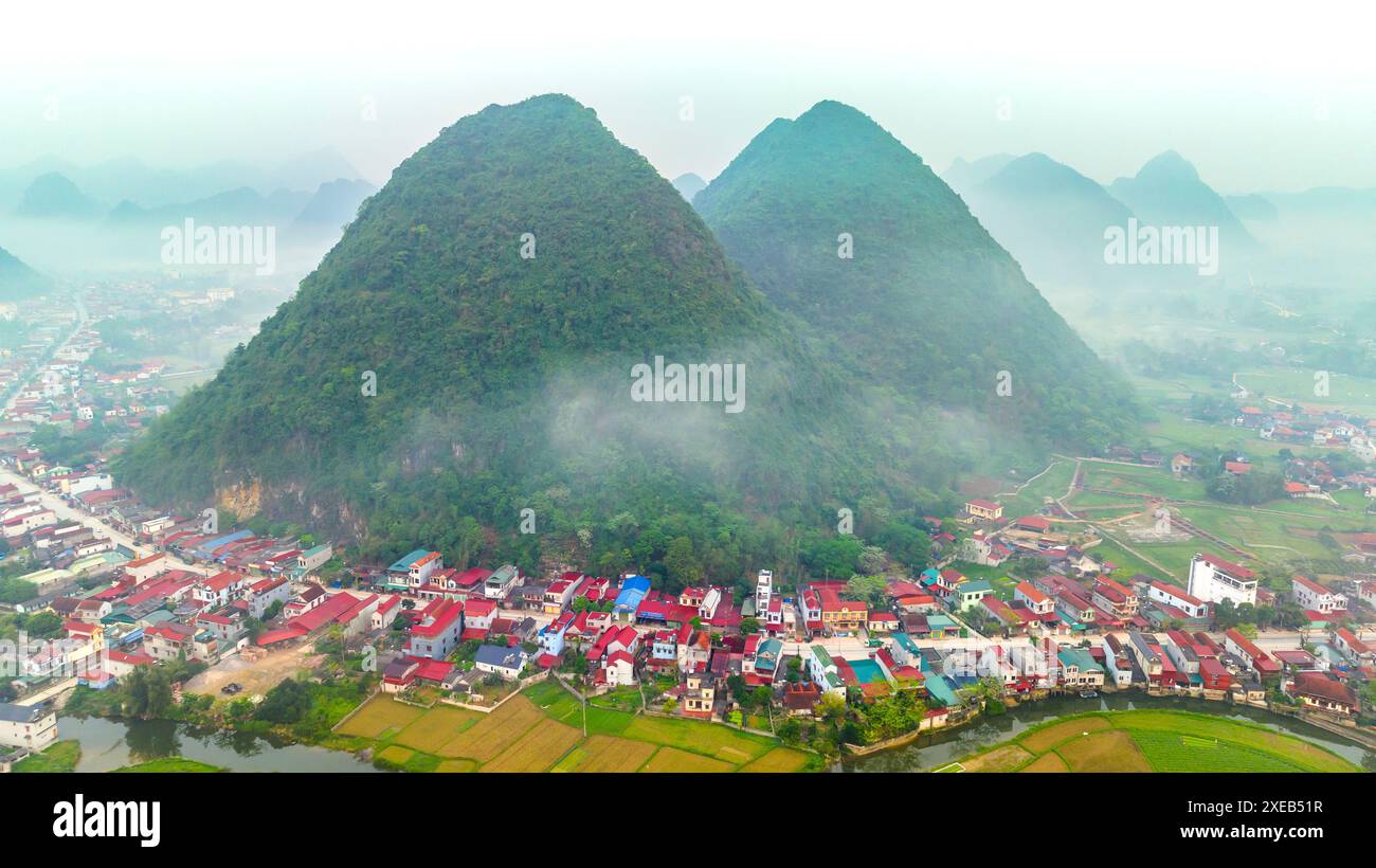 Landscape of Bac Son valley around with houses on pitotis in the ...