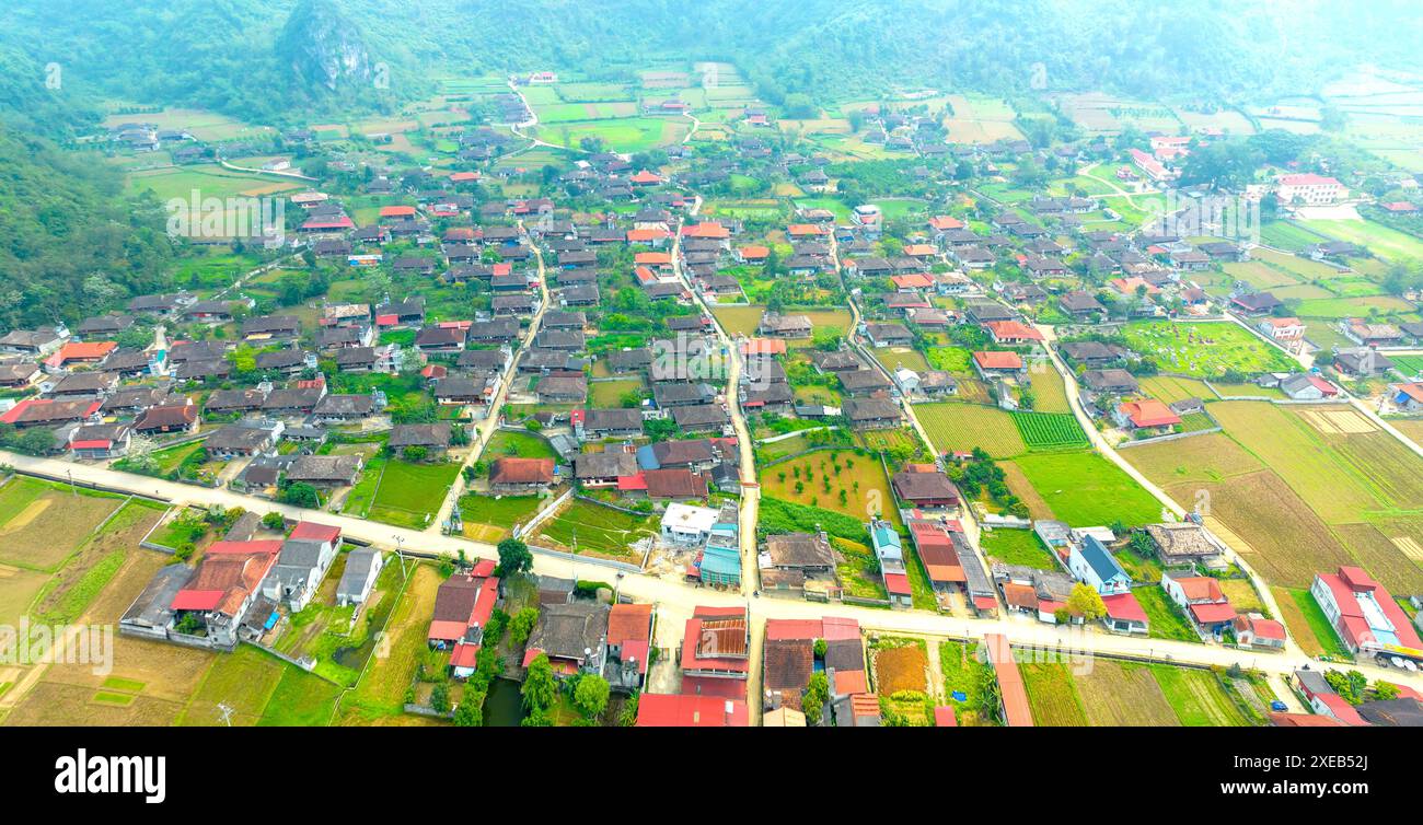 Landscape of Bac Son valley around with houses on pitotis in the ...