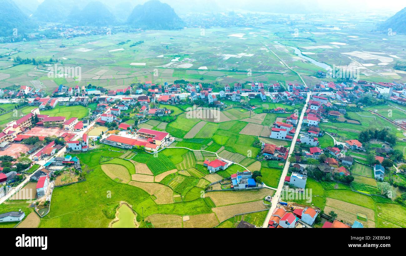 Landscape of Bac Son valley around with houses on pitotis in the ...