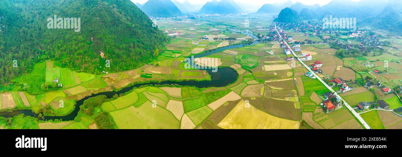 Landscape of Bac Son valley around with houses on pitotis in the ...