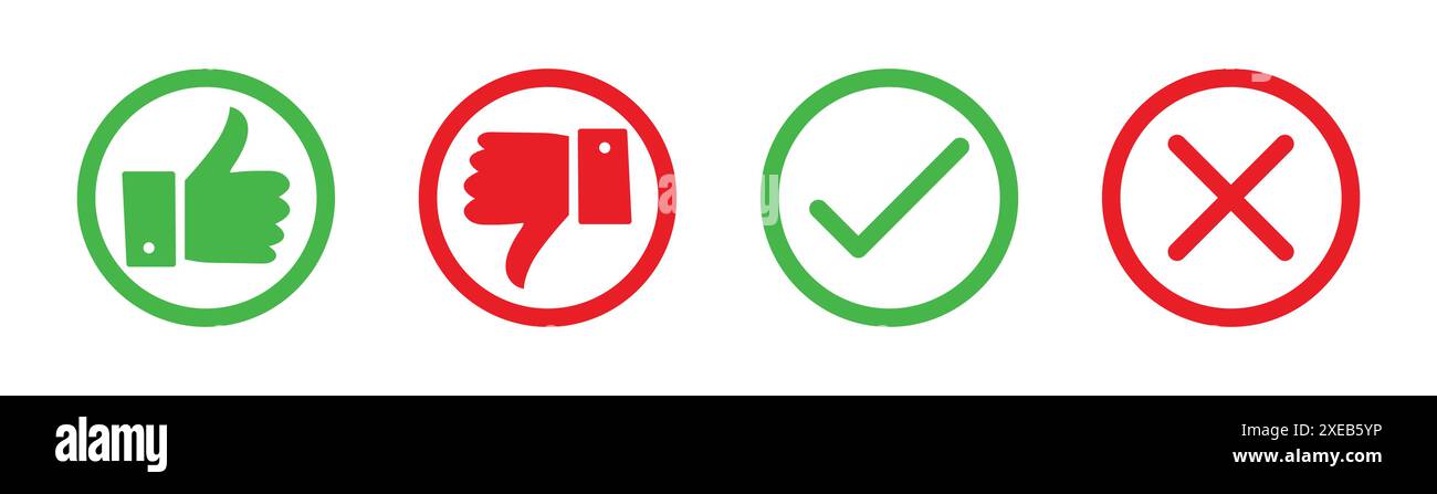 Yes or no icon. Green tick symbol and red cross sign in circle ...
