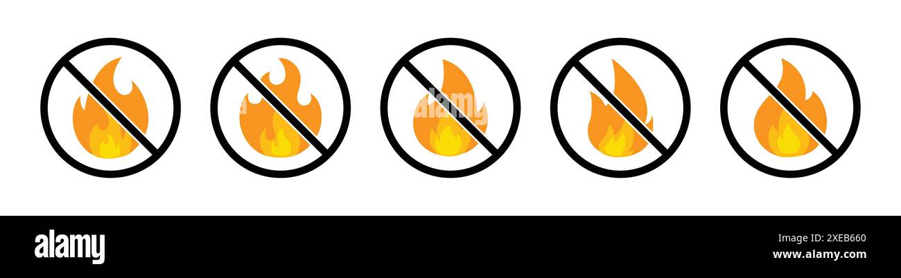 No fire restriction vector icon set with black cross mark. No fire stop ...