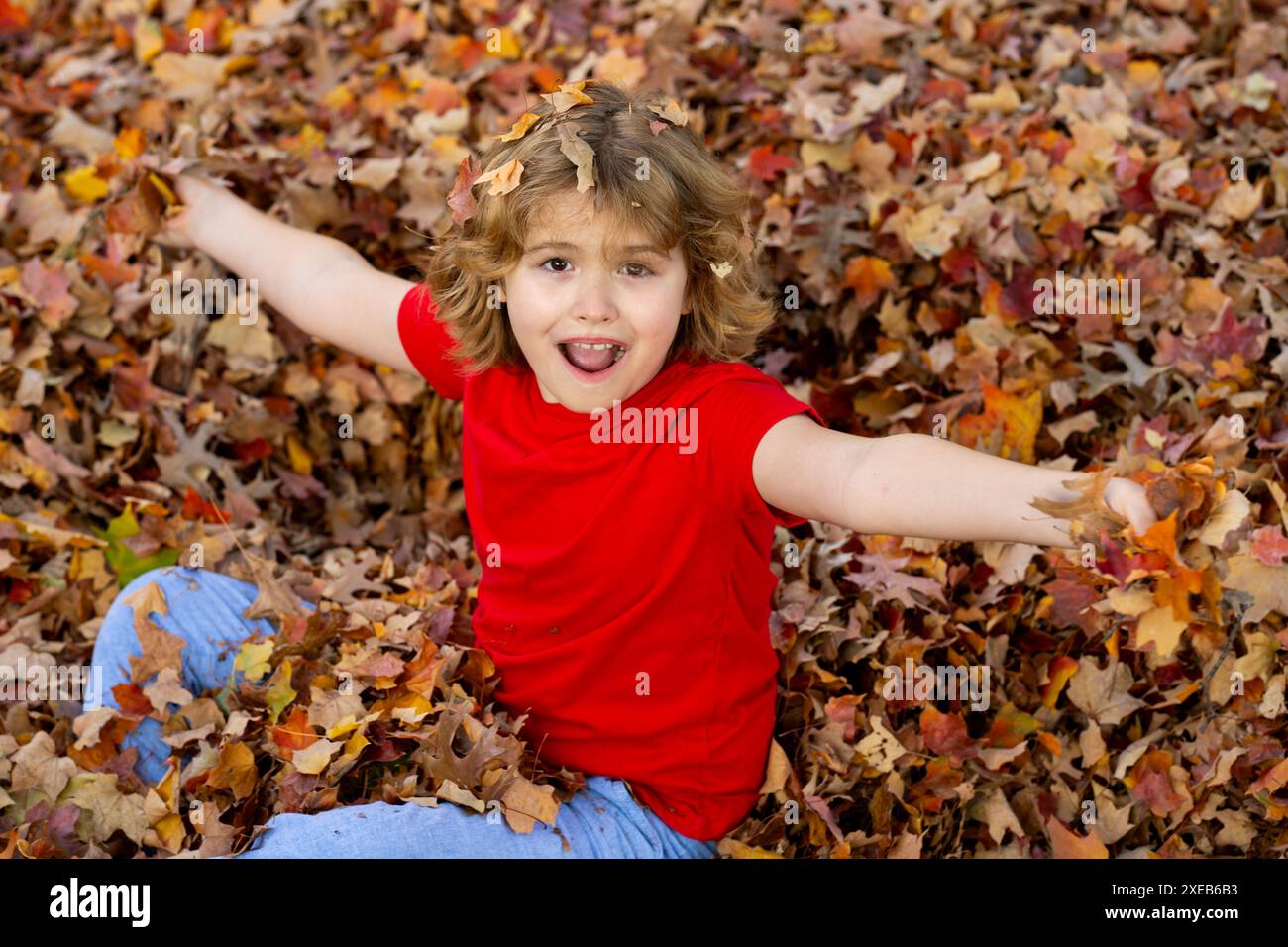 Excited child playing in a pile of autumn leaves. Child boy throw ...