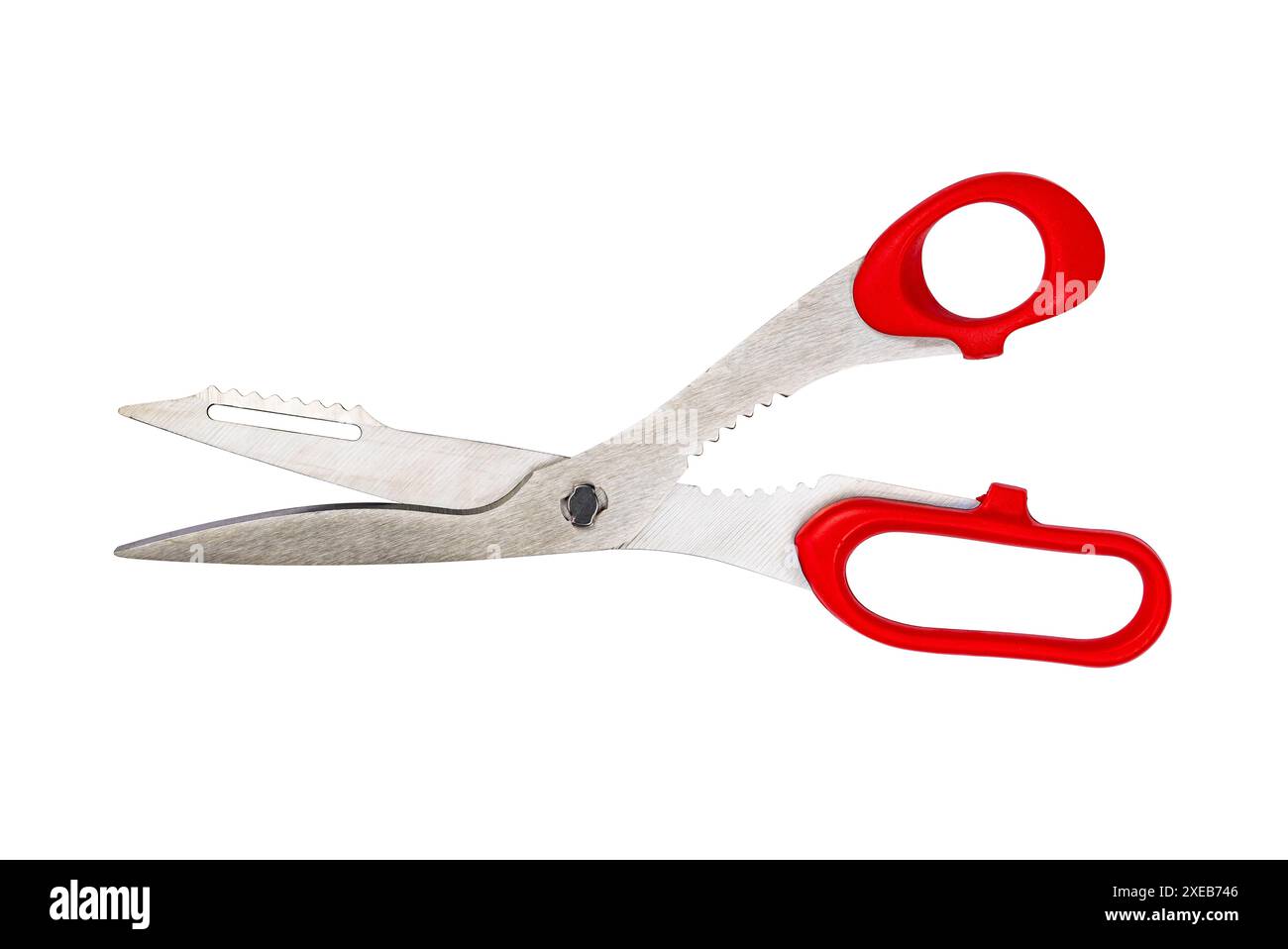 Top view a pair of metal with red plastic handle kitchen scissors Stock ...