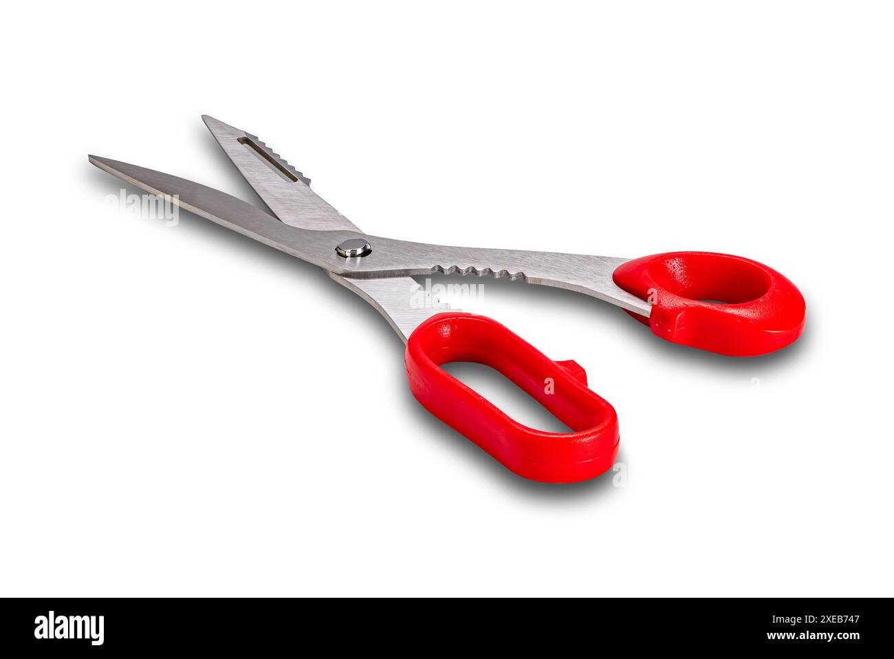 High angle view a pair of metal with red plastic handle kitchen ...