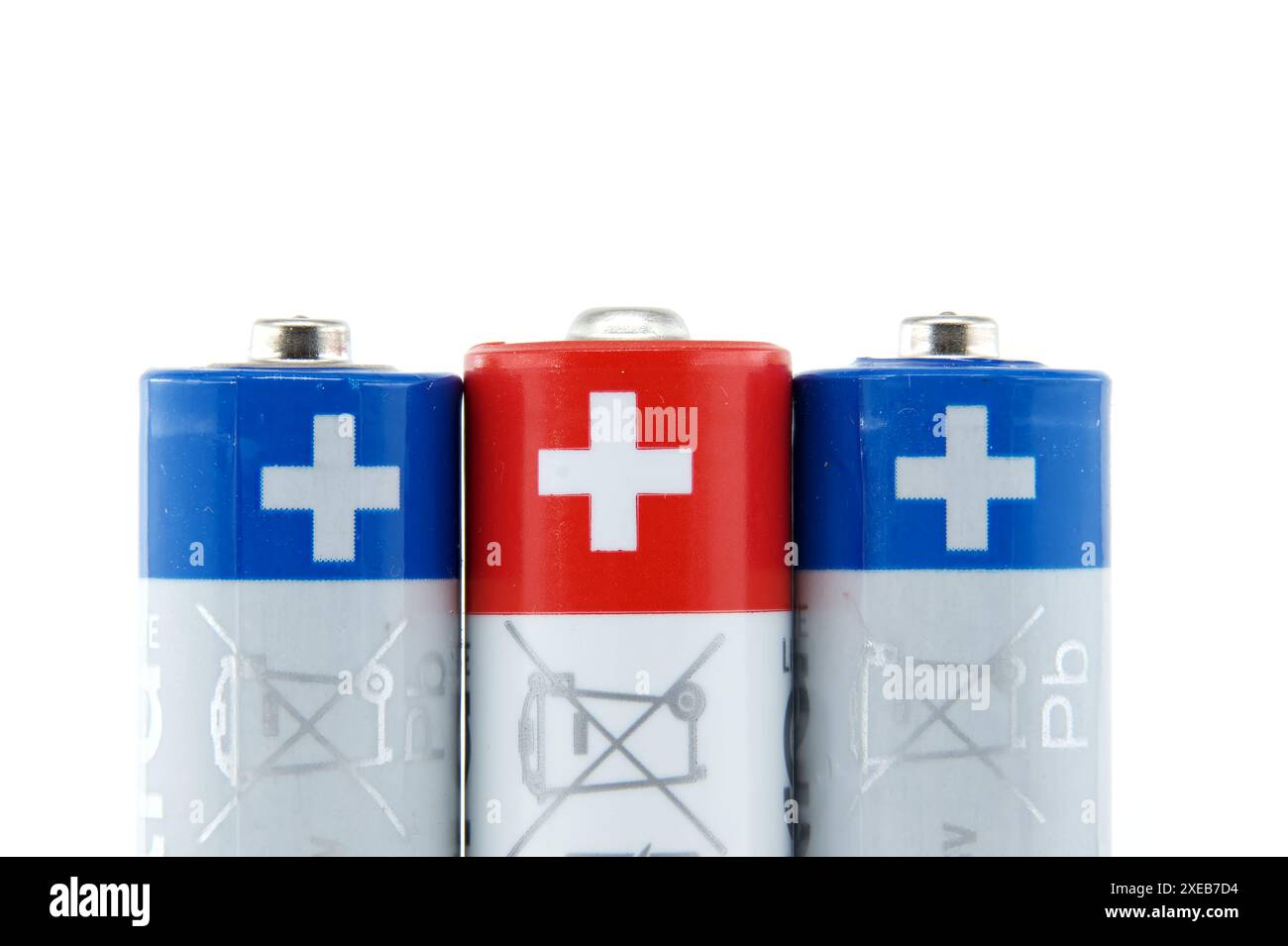 Close-up of AA batteries displaying the positive terminals, with a mix ...