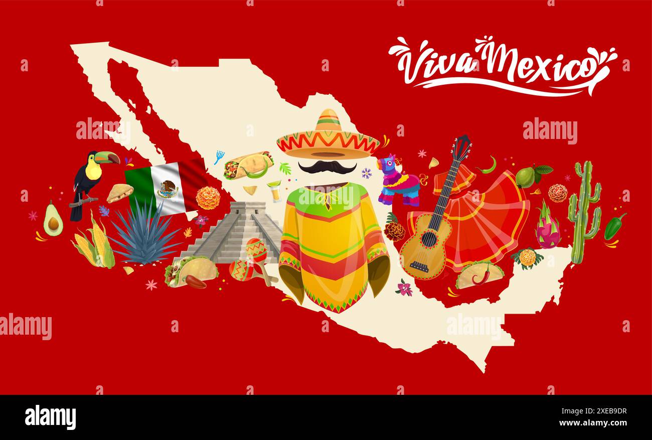 Mexico map with Mexican culture landmarks and national symbols, vector ...