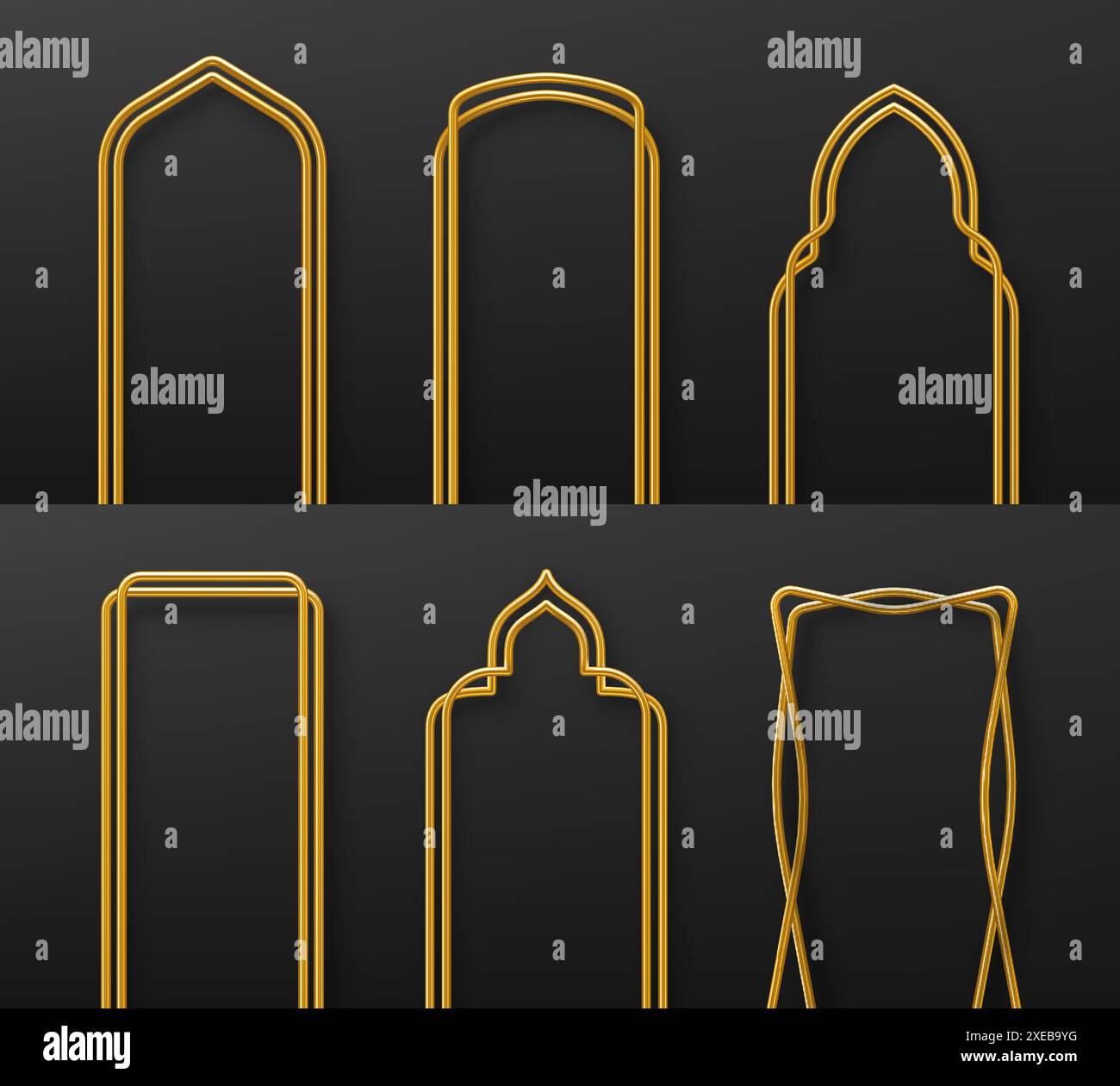3d golden arches of vector realistic gold metal rods. Isolated arches ...